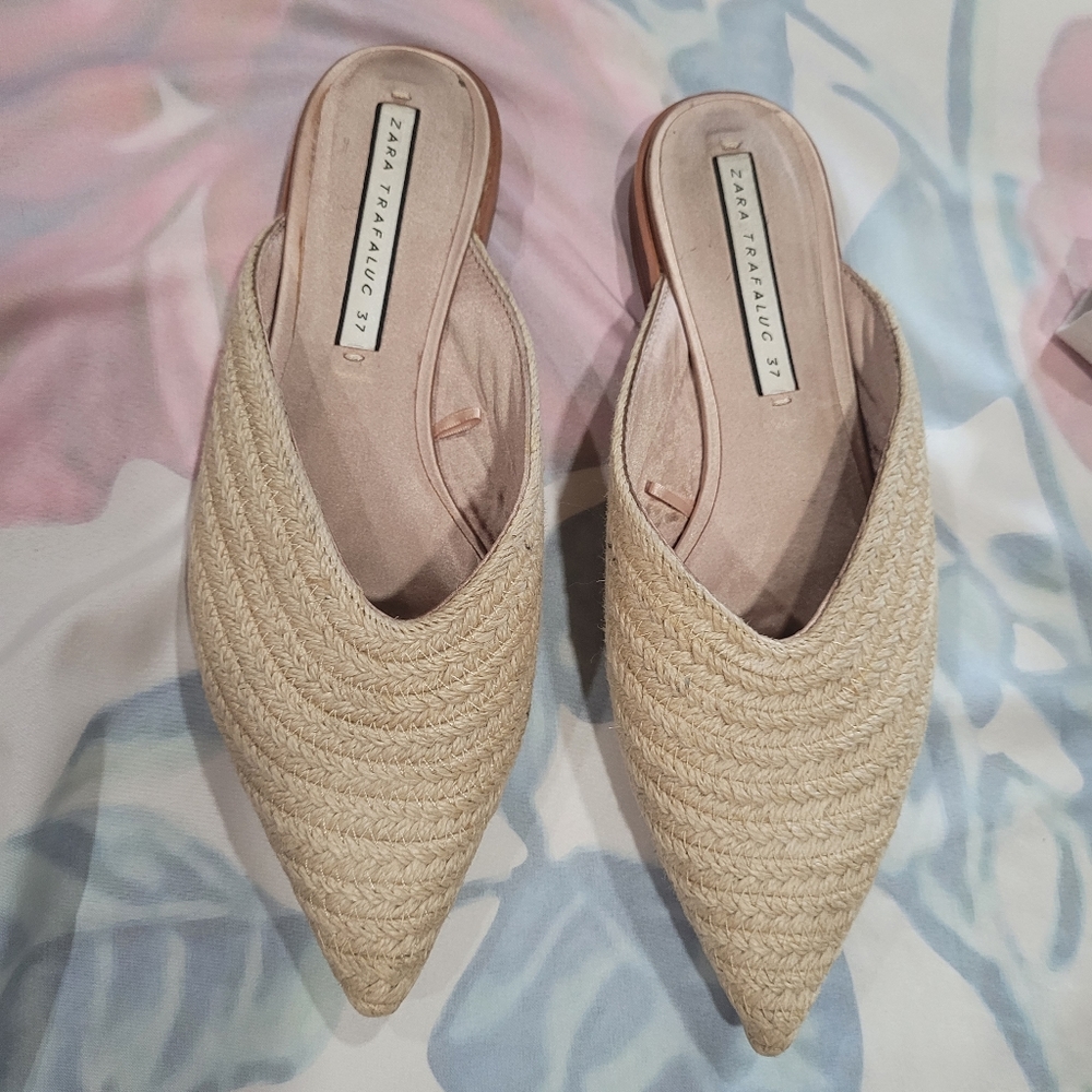 Zara Trafaluc Braided Woven Straw Mules Flats Sandals - Gem